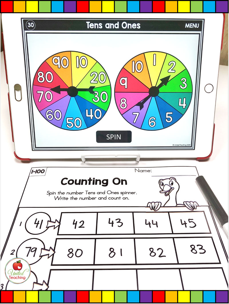 Numbers 1-100 Digital Spinner Math Activities Part 3 - United Teaching