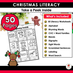 Christmas Literacy Worksheets Kindergarten Packet - United Teaching