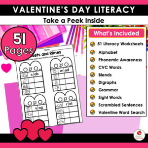 Valentine's Day Literacy Worksheets Kindergarten Packet - United Teaching