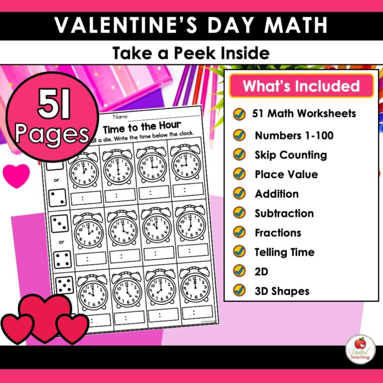 Valentine's Day Math Activities 1st Grade Packet - United Teaching