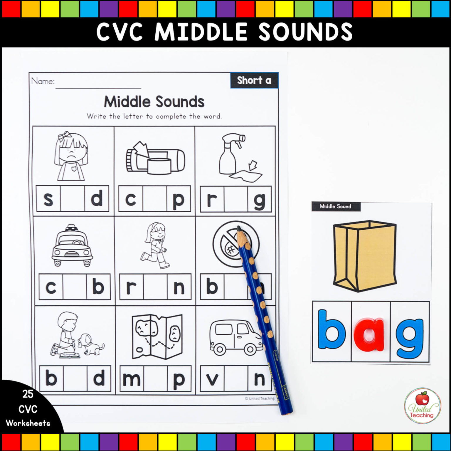 CVC Middle Sounds Task Cards and Worksheets - United Teaching