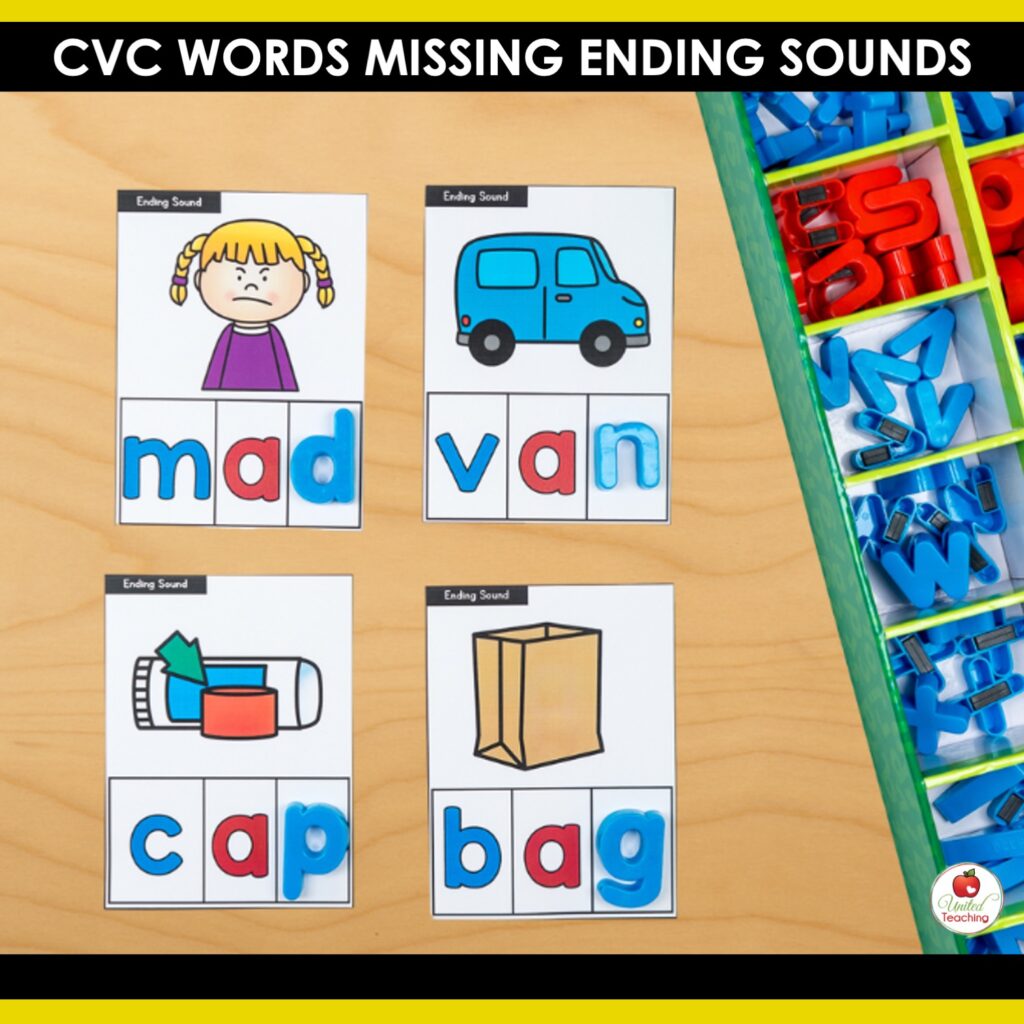 CVC Words Missing Ending Sounds Task Cards - United Teaching
