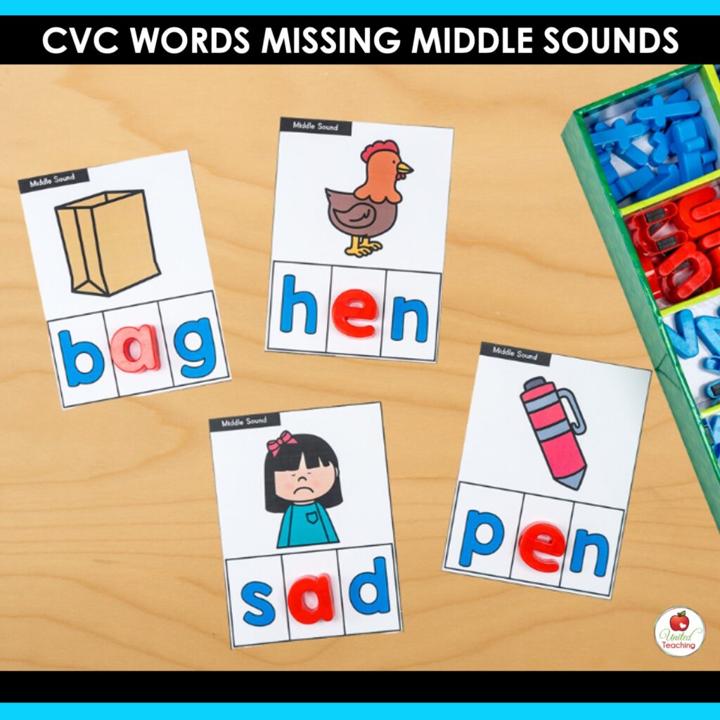 CVC Missing Middle Sounds Task Cards - United Teaching