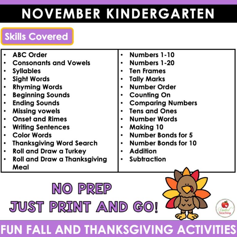 November Math and Literacy Activities for Kindergarten - United Teaching