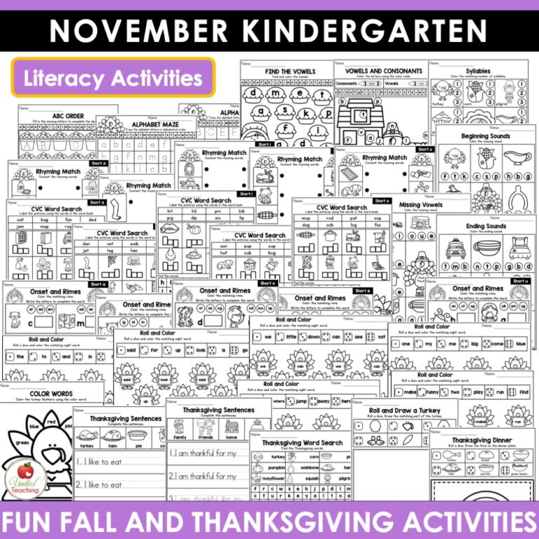 November Math and Literacy Activities for Kindergarten - United Teaching