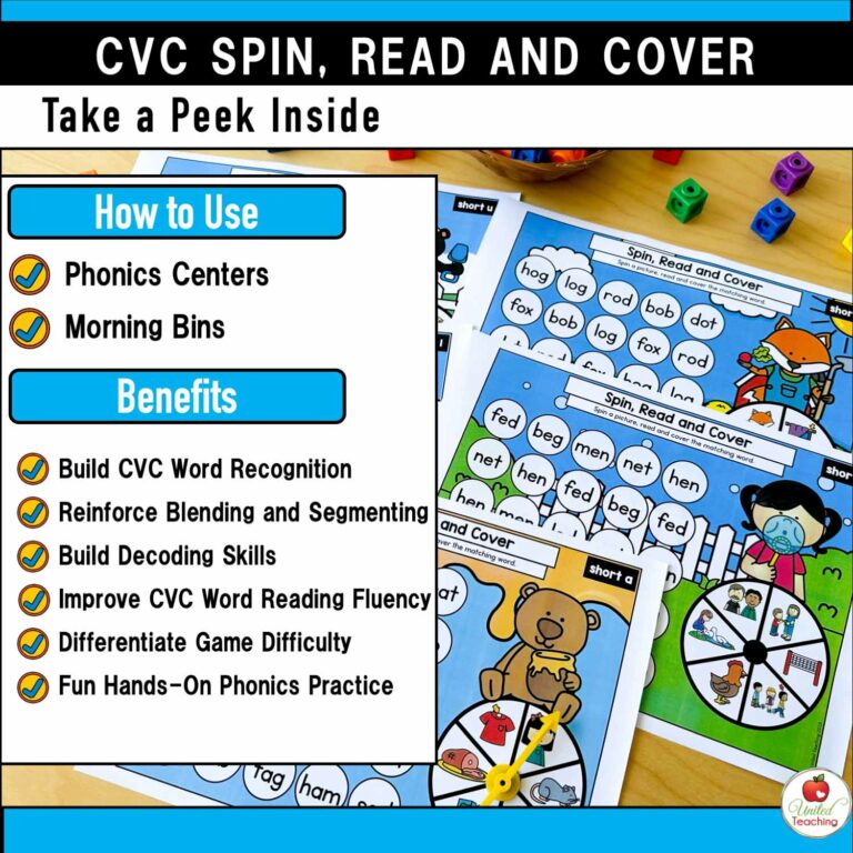CVC Words Spin Read and Cover Games Packet - United Teaching