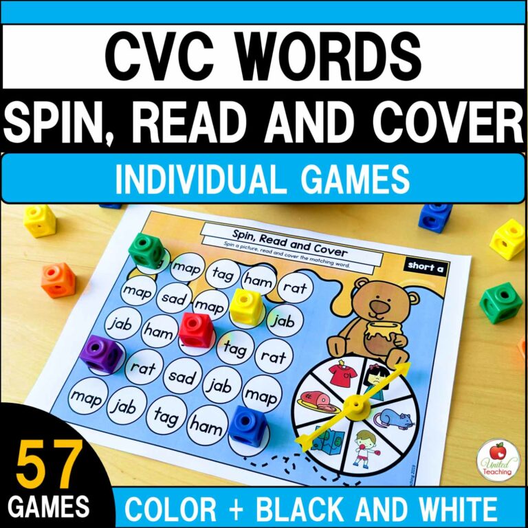 CVC Words Spin Read and Cover Games Packet - United Teaching