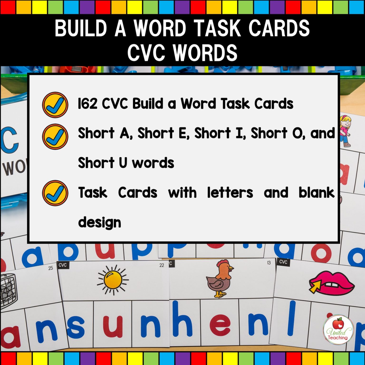CVC Word Building Task Cards - United Teaching