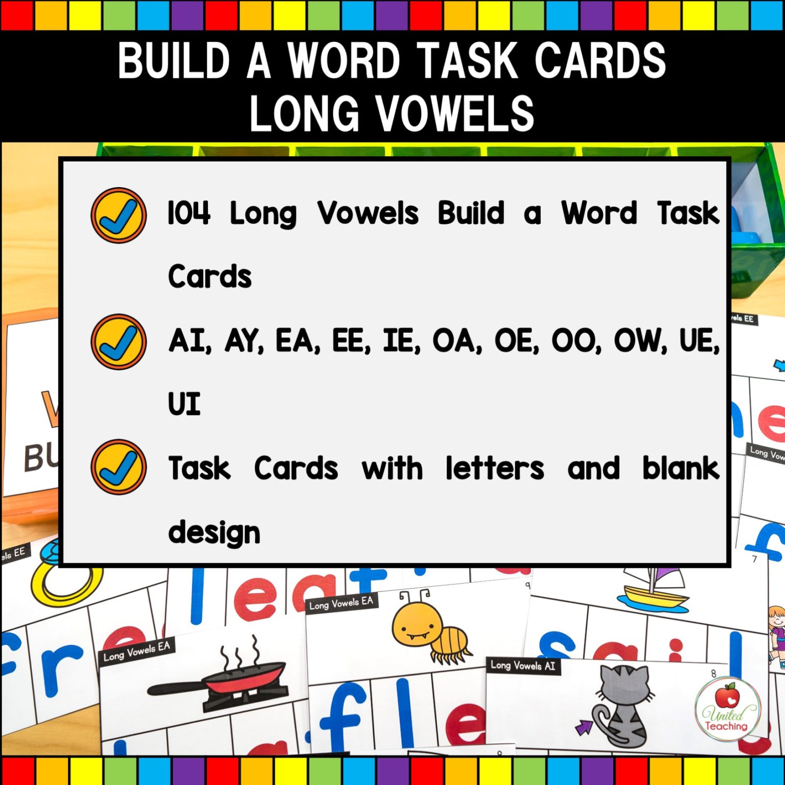 Long Vowels Word Building Task Cards - United Teaching