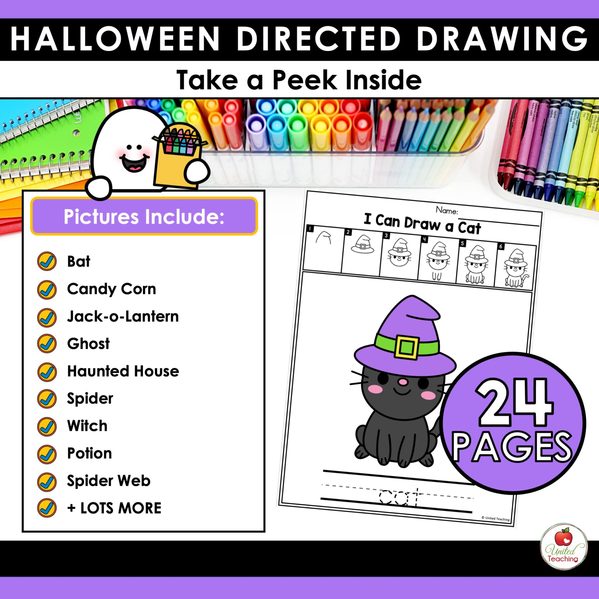 Halloween Directed Drawing Worksheets Packet - United Teaching