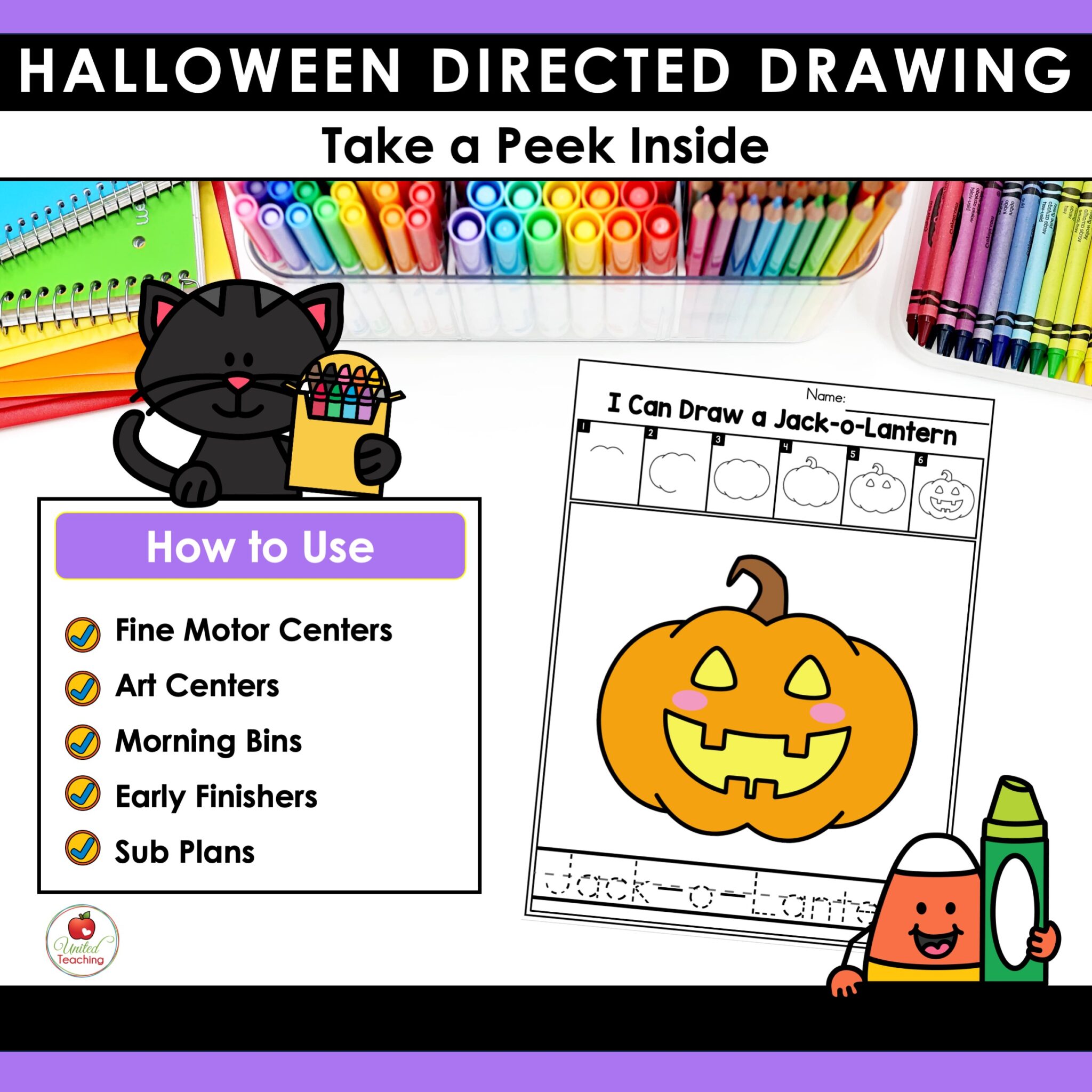 Halloween Directed Drawing Worksheets Packet - United Teaching