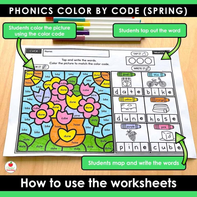 Phonics Color by Code Spring Worksheets Bundle - United Teaching