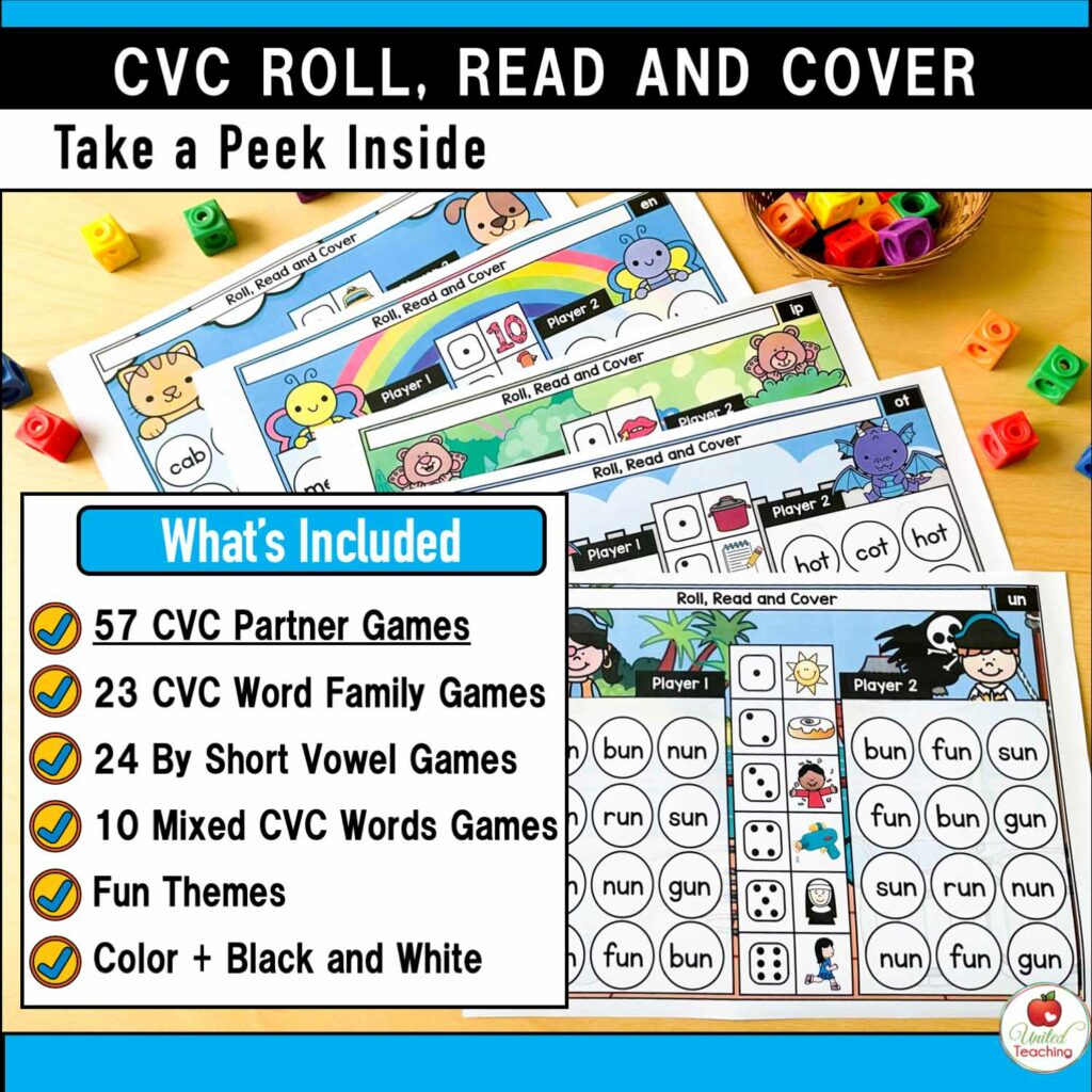 CVC Words Roll Read and Cover Partner Games Packet - United Teaching