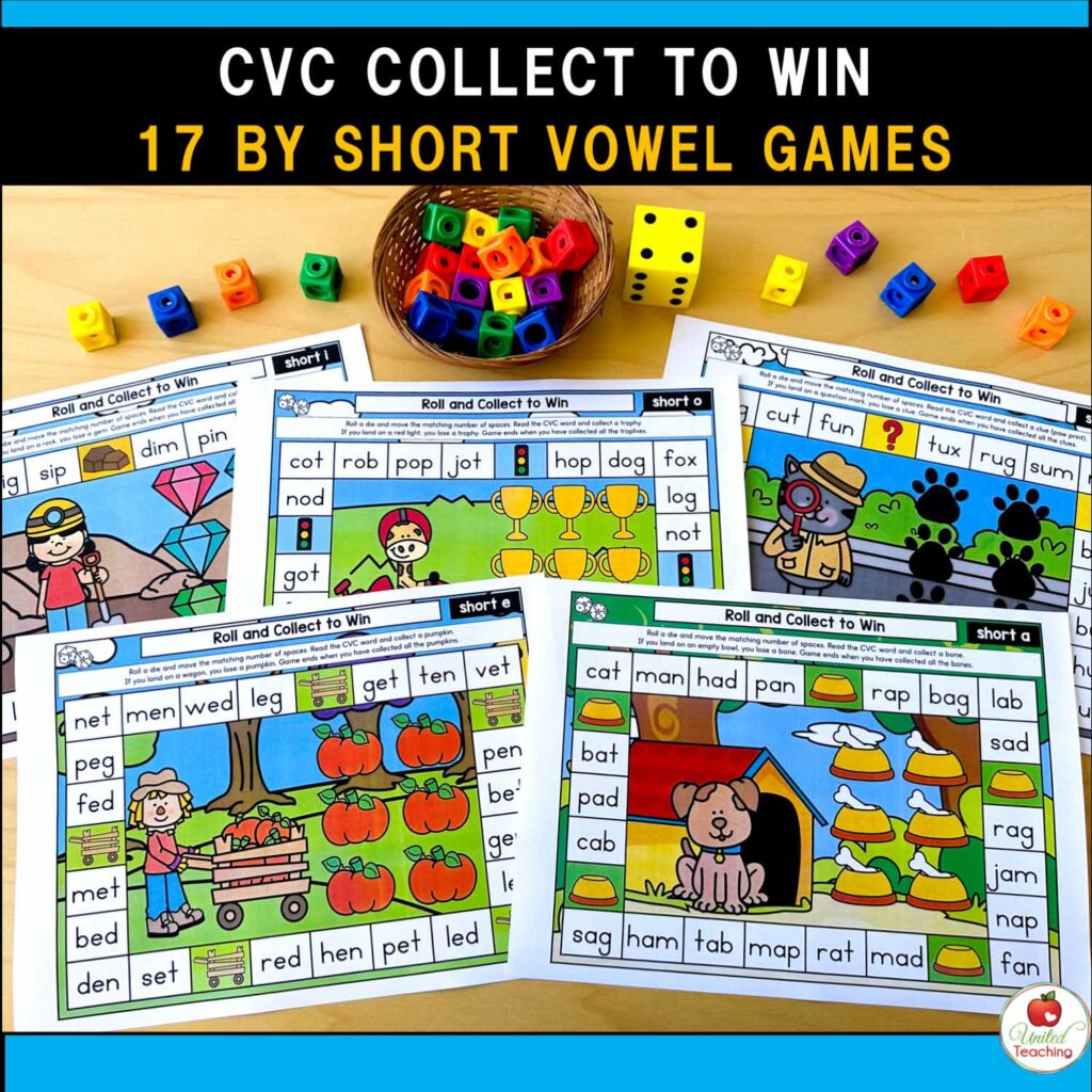 CVC Words Collect to Win Phonics Board Games Packet - United Teaching