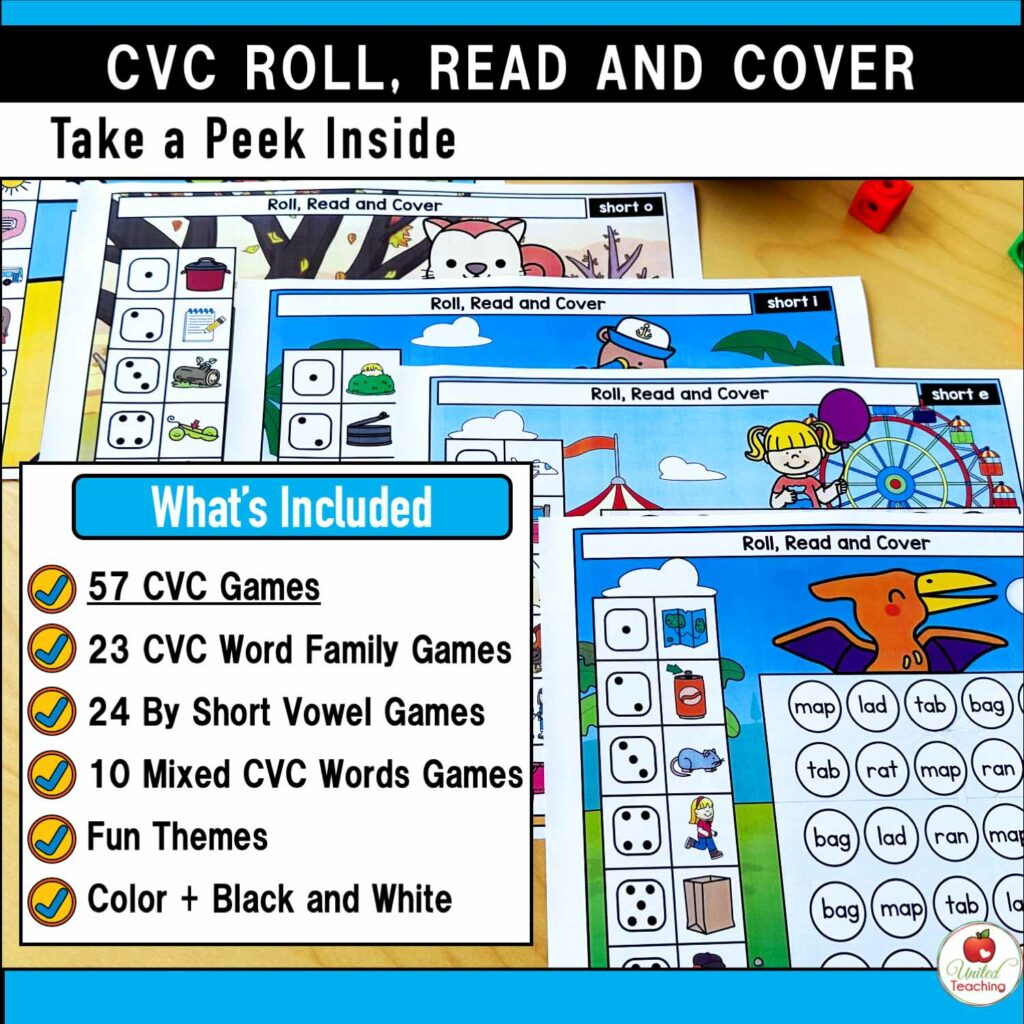 CVC Words Roll Read and Cover Games Packet - United Teaching
