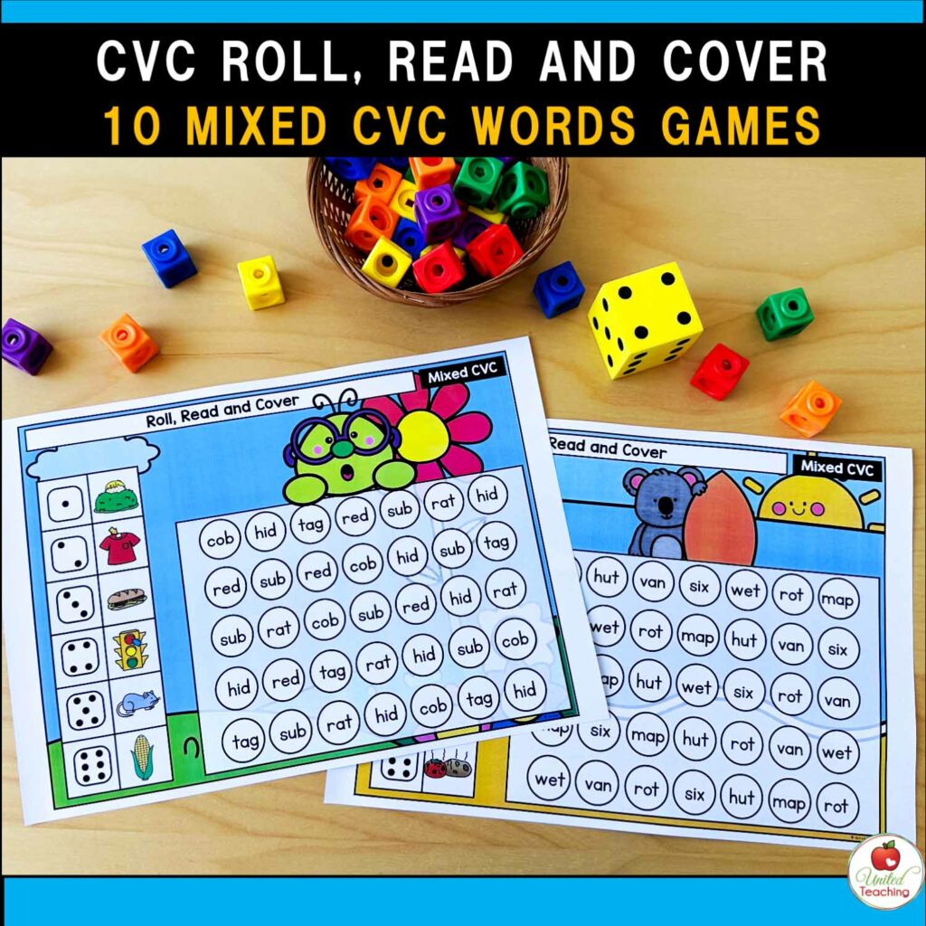 CVC Words Roll Read and Cover Games Packet - United Teaching