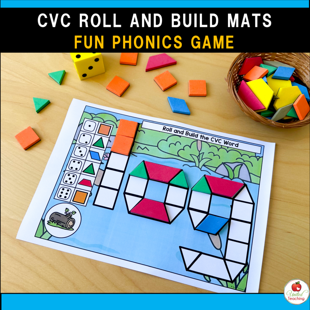 CVC Words Roll and Build Pattern Block Puzzle Mats Packet - United Teaching