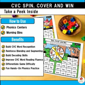 CVC Words Spin Cover and Win Partner Games Packet - United Teaching
