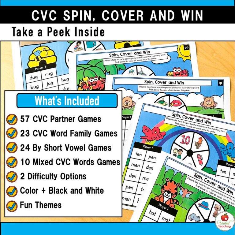 CVC Words Spin Cover and Win Partner Games Packet - United Teaching