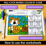 CVCE Words Color by Code Fall Worksheets Packet - United Teaching