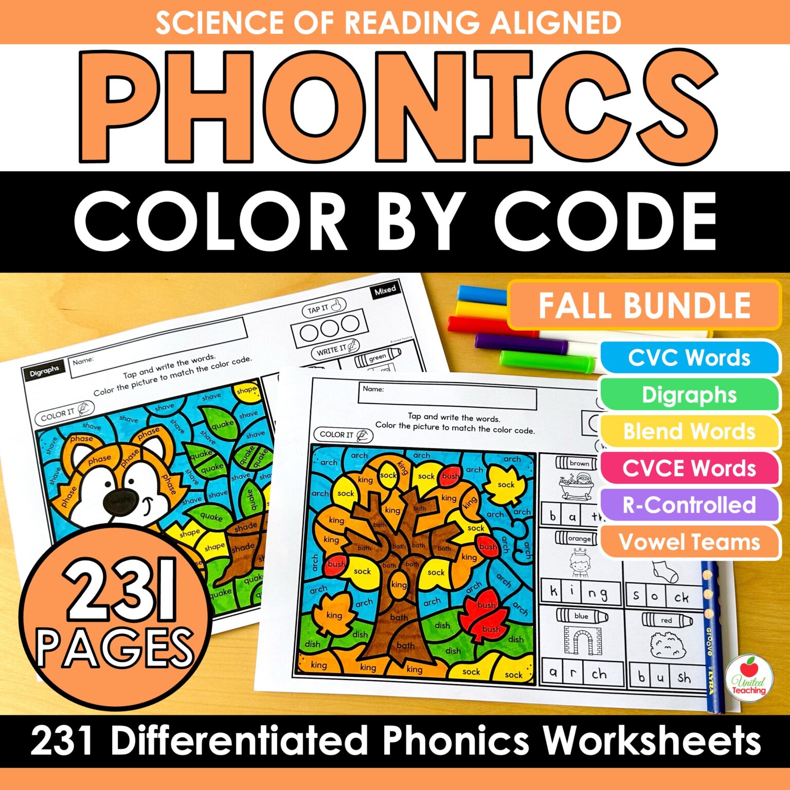 Phonics Color by Code Fall Worksheets Bundle - United Teaching