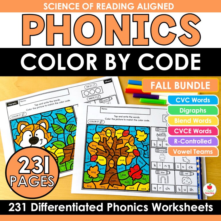 Phonics Color by Code Fall Worksheets Bundle - United Teaching