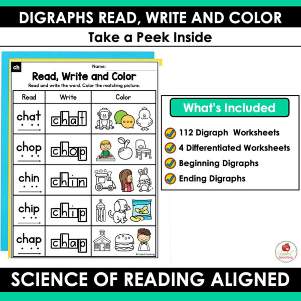 Digraphs Read Write and Color Worksheets Packet - United Teaching