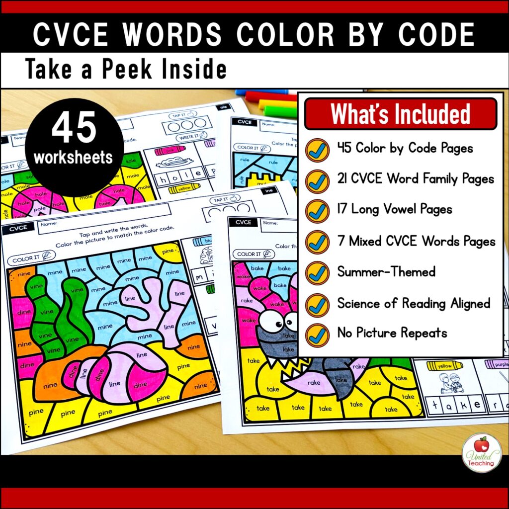CVCE Words Color by Code Summer Worksheets Packet - United Teaching