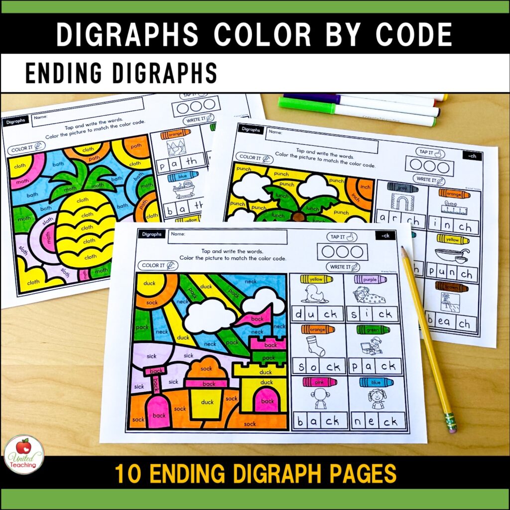 Digraphs Color by Code Summer Worksheets Packet - United Teaching