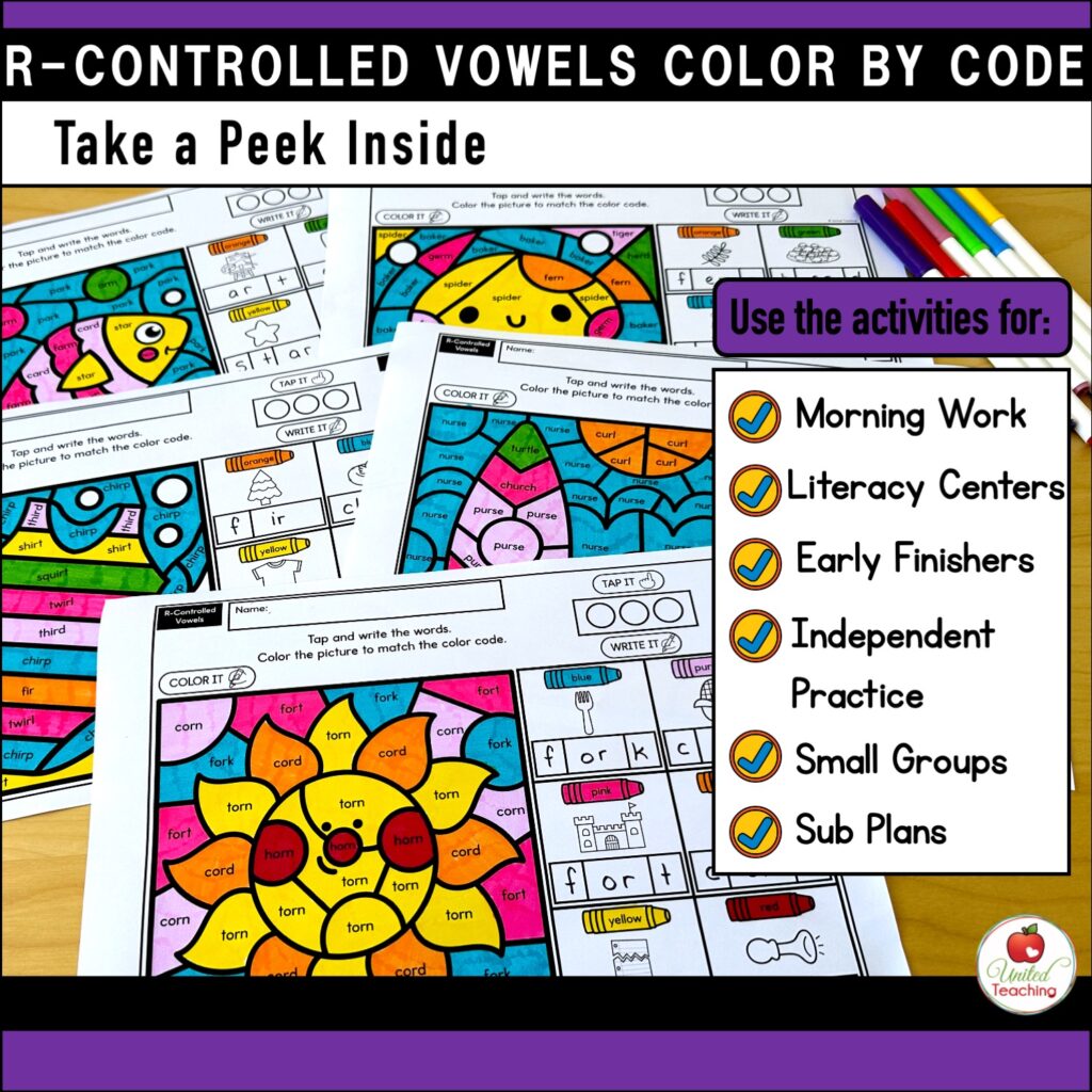 R-Controlled Vowels Color by Code Summer Packet - United Teaching