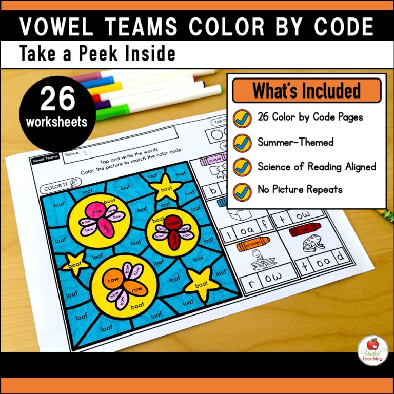 Vowel Teams Color by Code Summer Worksheets Packet - United Teaching