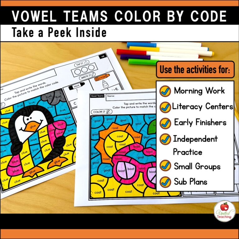 Vowel Teams Color by Code Summer Worksheets Packet - United Teaching