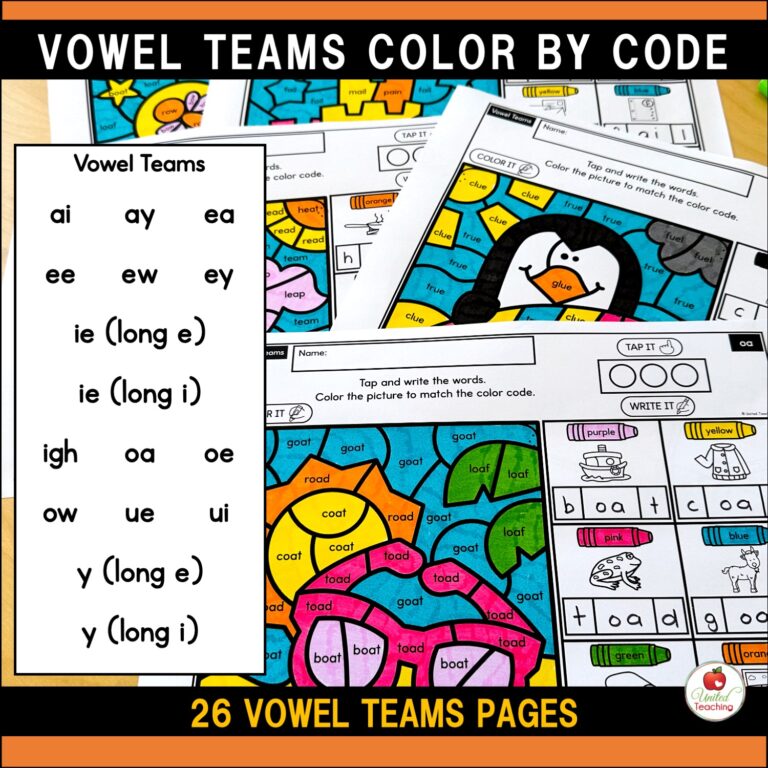Vowel Teams Color by Code Summer Worksheets Packet - United Teaching