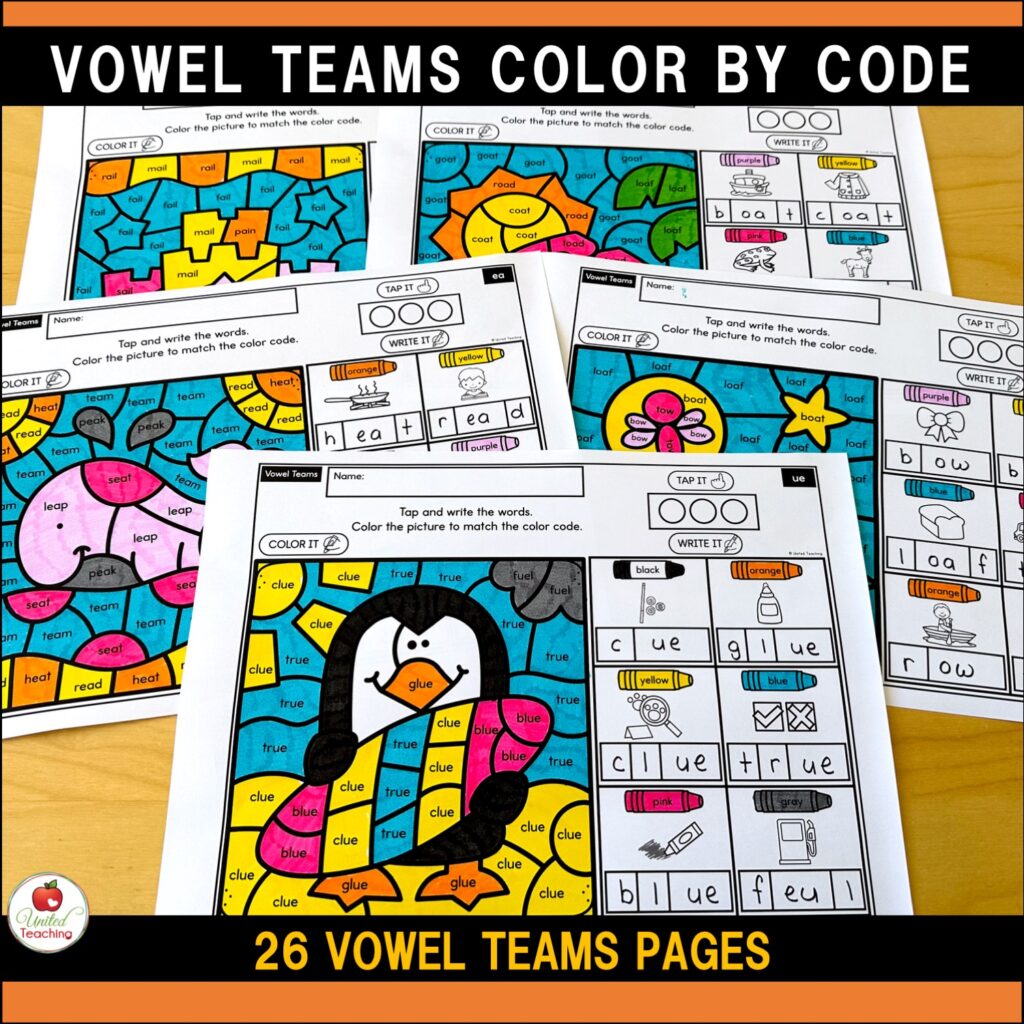 Vowel Teams Color by Code Summer Worksheets Packet - United Teaching