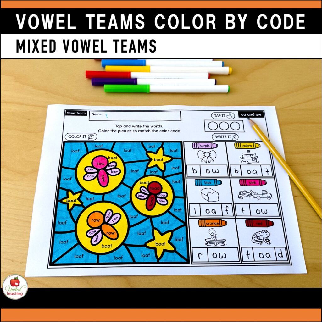Vowel Teams Color by Code Summer Worksheets Packet - United Teaching