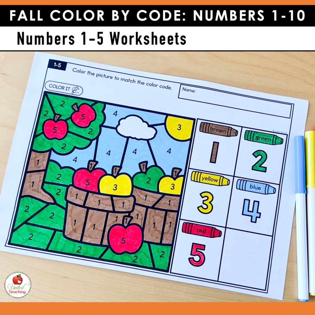 Fall Color by Code: Numbers 1 to 10 Packet - United Teaching