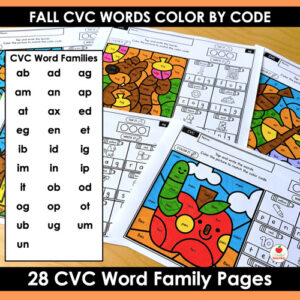 CVC Words Color by Code Fall Worksheets Packet - United Teaching