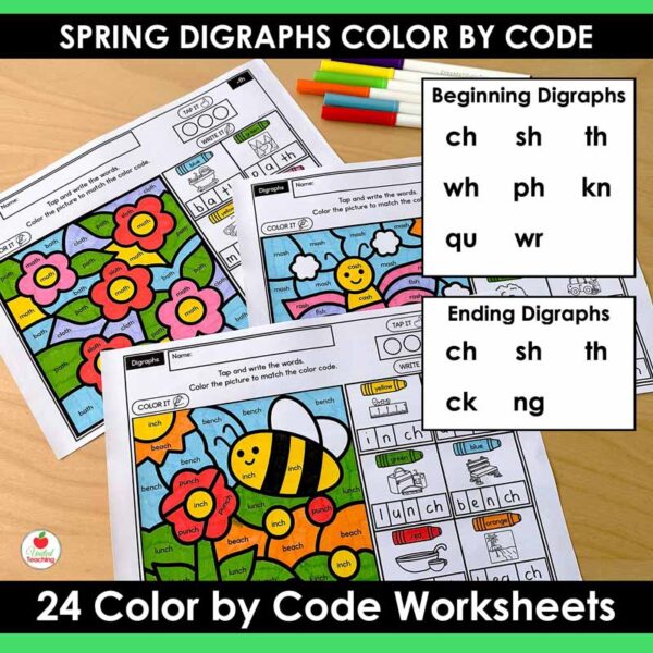 Digraphs Color by Code Spring Worksheets - United Teaching