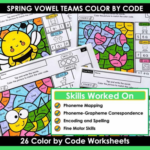 Vowel Teams Color by Code Spring Worksheets - United Teaching