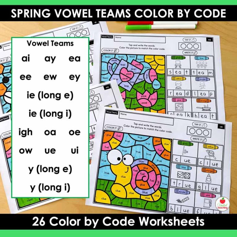 Vowel Teams Color by Code Spring Worksheets - United Teaching