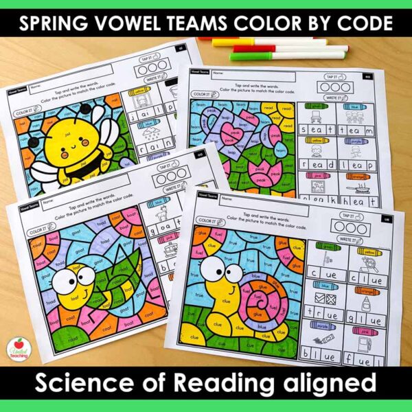 Vowel Teams Color by Code Spring Worksheets - United Teaching