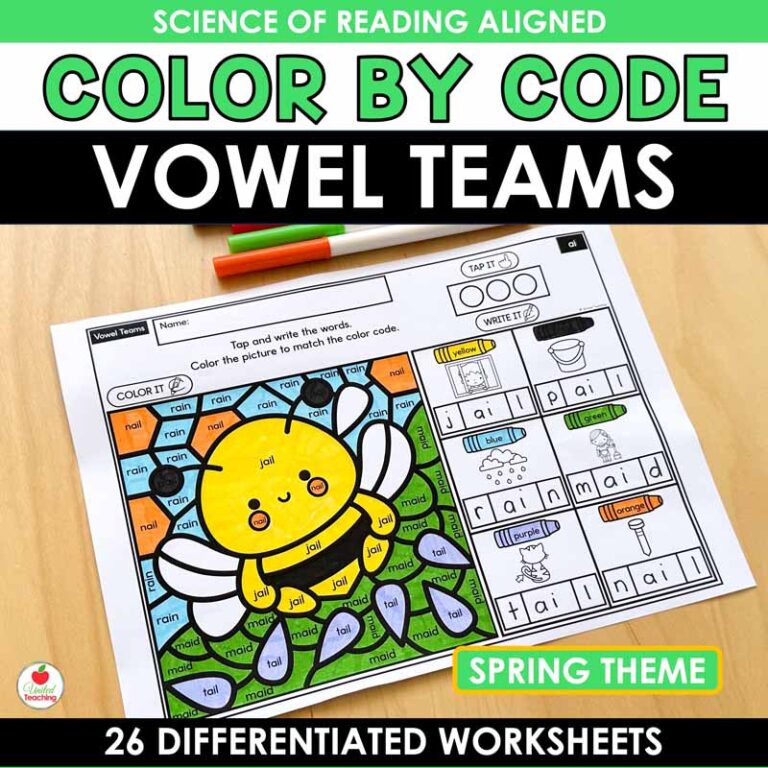Vowel Teams Color by Code Spring Worksheets - United Teaching
